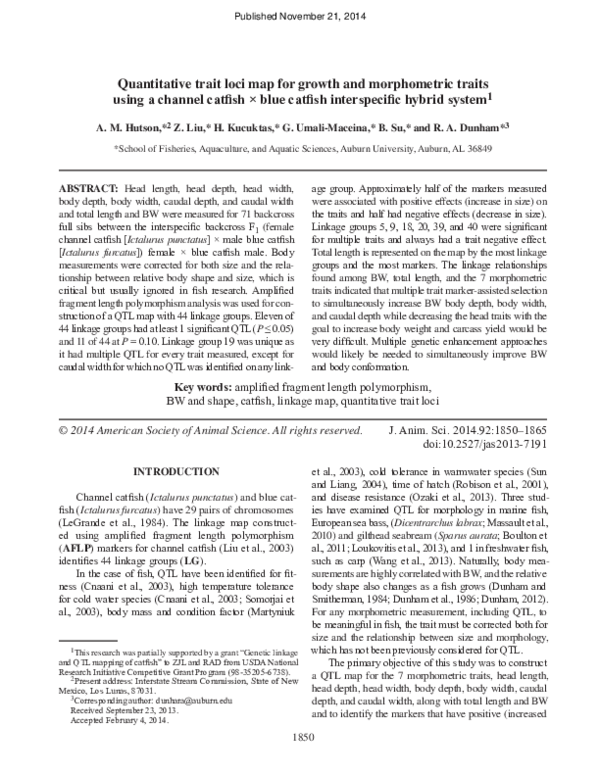 (PDF) Quantitative trait loci map for growth and morphometric traits using a channel catfish x ...