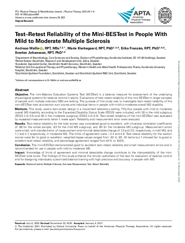 (PDF) Test–Retest Reliability of the Mini-BESTest in People With Mild ...