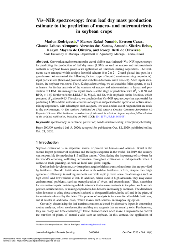(PDF) Vis–NIR spectroscopy: from leaf dry mass production estimate to the prediction of macro ...