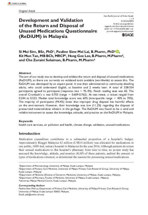 (PDF) Development and Validation of the Return and Disposal of Unused Medications Questionnaire ...