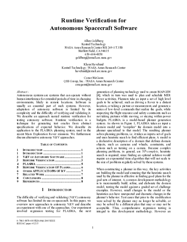 (PDF) Runtime verification for autonomous spacecraft software