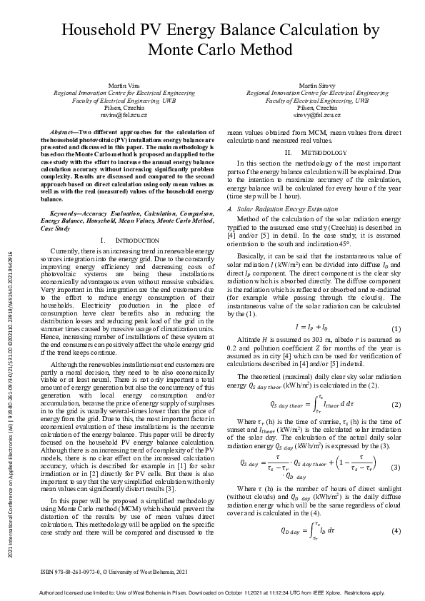 (PDF) Household PV Energy Balance Calculation by Monte Carlo Method