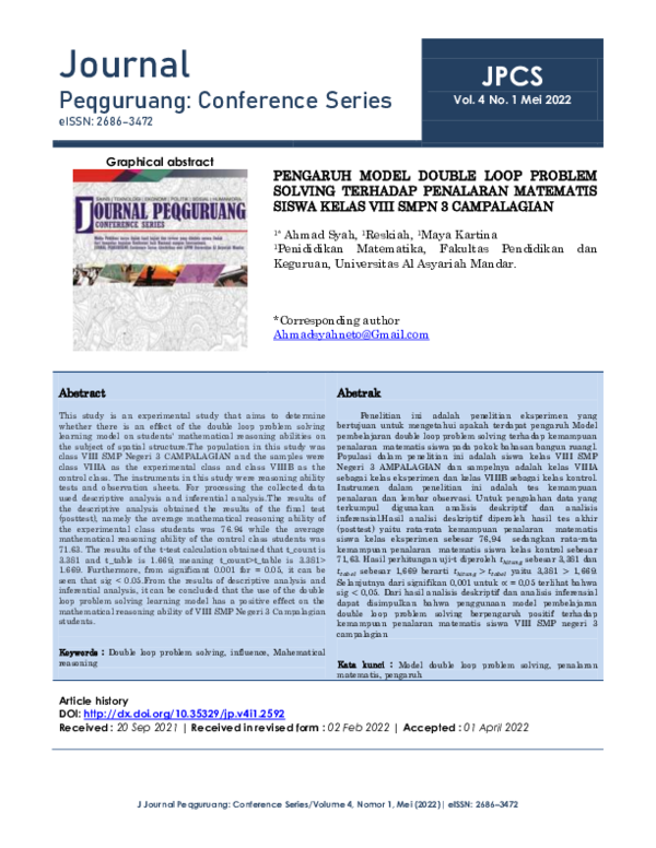 (PDF) Pengaruh Model Double Loop Problem Solving Tehadap Penalaran Matematis Siswa Kelas VIII ...