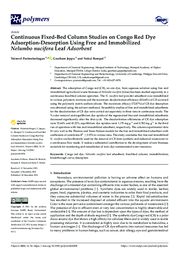 (PDF) Continuous Fixed-Bed Column Studies on Congo Red Dye Adsorption ...