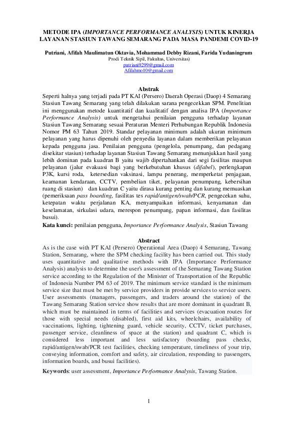 (PDF) Metode Ipa (Importance Performance Analysis) Untuk Kinerja Layanan Stasiun Tawang Semarang ...