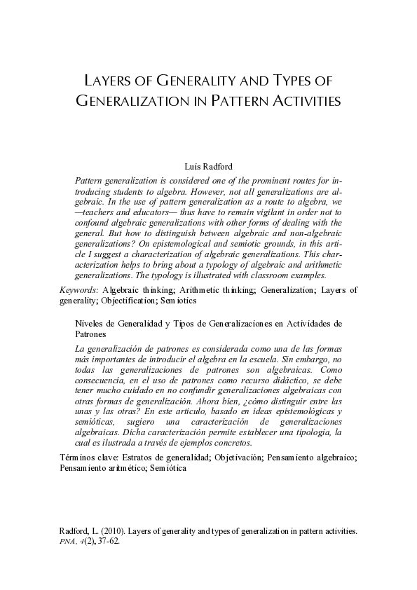 Pdf Layers Of Generality And Types Of Generalization In Pattern Activities Niveles De