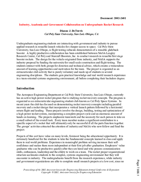 (PDF) Industry, Academia, And Government Collaboration On Undergraduate Rocket Research