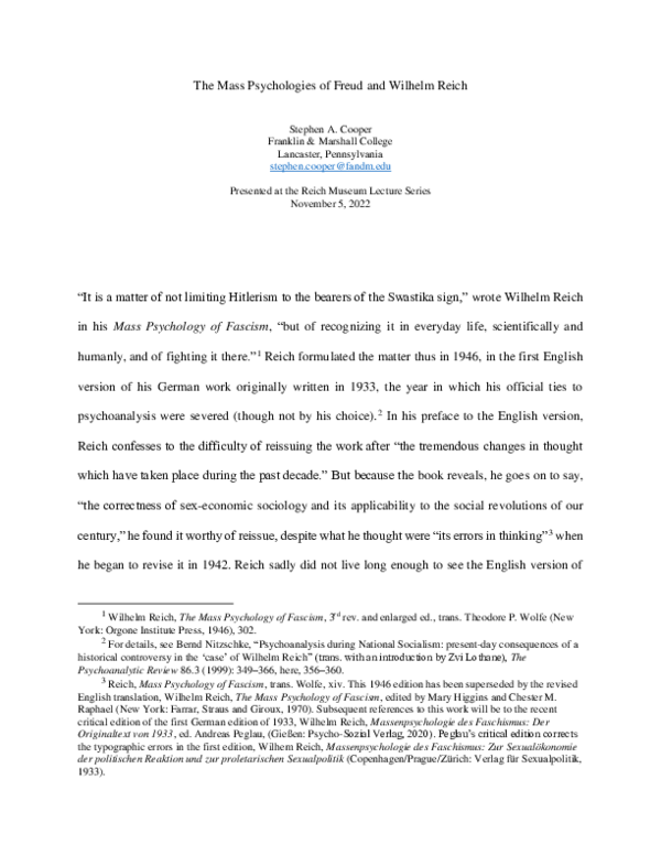 Pdf The Mass Psychologies Of Freud And Wilhelm Reich