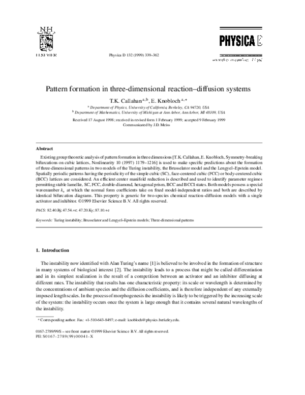 (PDF) Pattern formation in three-dimensional reaction–diffusion systems