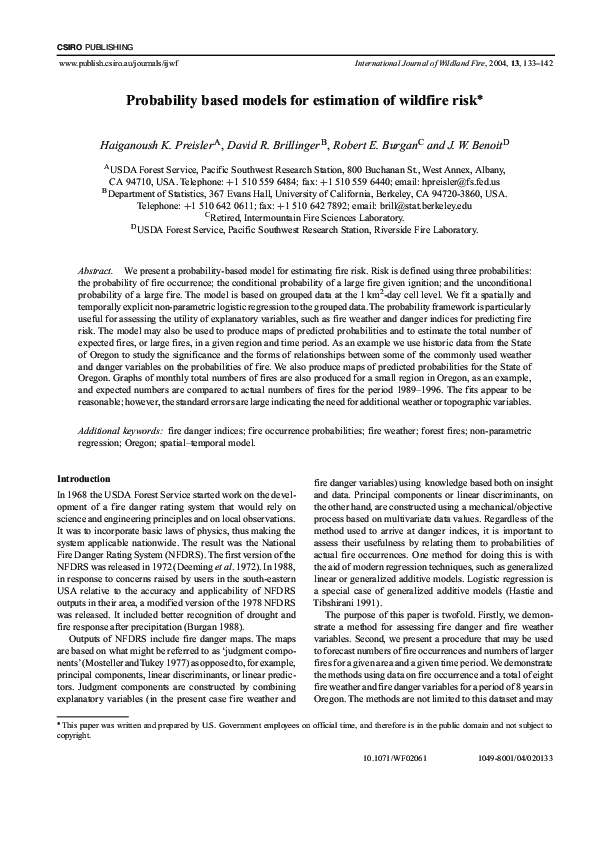 (PDF) Probability based models for estimation of wildfire risk