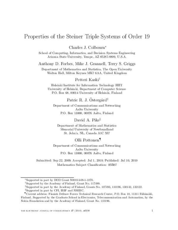 (PDF) Properties of the Steiner Triple Systems of Order 19