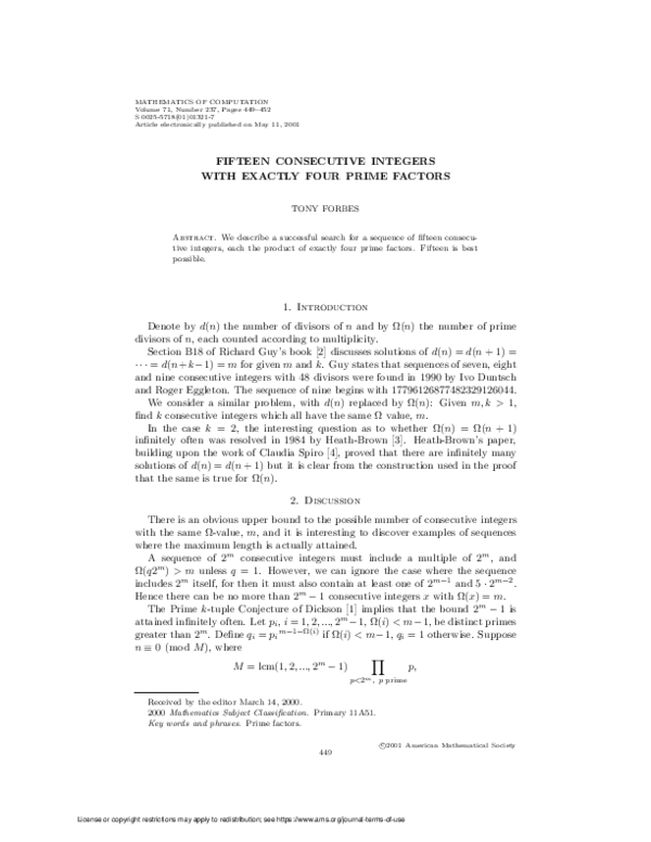 (PDF) Fifteen consecutive integers with exactly four prime factors