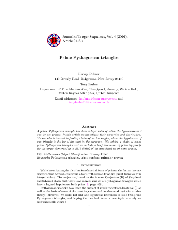 (PDF) Prime Pythagorean triangles