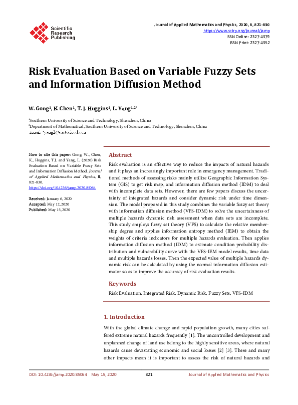 (PDF) Risk Evaluation Based on Variable Fuzzy Sets and Information Diffusion Method