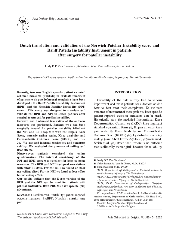 (PDF) Dutch translation and validation of the Norwich Patellar ...