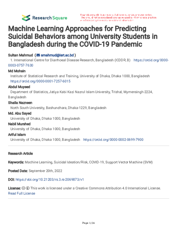 (PDF) Machine Learning Approaches for Predicting Suicidal Behaviors among University Students in ...