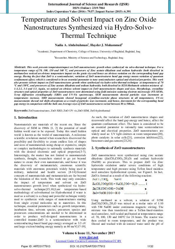 (PDF) Temperature and Solvent Impact on Zinc Oxide Nanostructures Synthesized via Hydro-Solvo ...