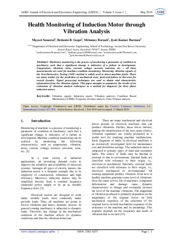 Pdf Health Monitoring Of Induction Motor Through Vibration Analysis Ajeee Vol 3 Issue 1