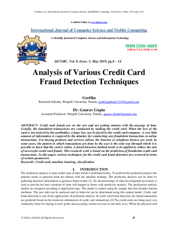 (PDF) Analysis of Various Credit Card Fraud Detection Techniques