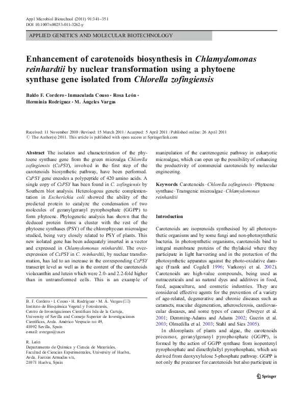 (PDF) Enhancement of carotenoids biosynthesis in Chlamydomonas reinhardtii by nuclear ...