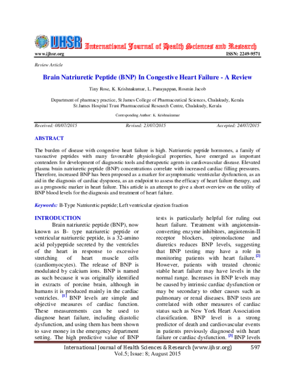 (PDF) Brain Natriuretic Peptide (BNP) In Congestive Heart Failure- A Review