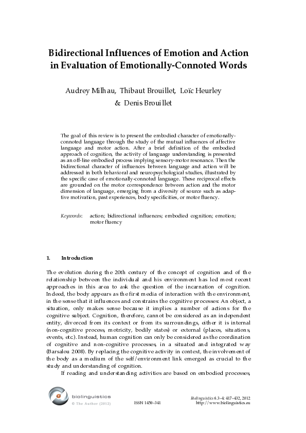 (PDF) Bidirectional Influences of Emotion and Action in Evaluation of ...