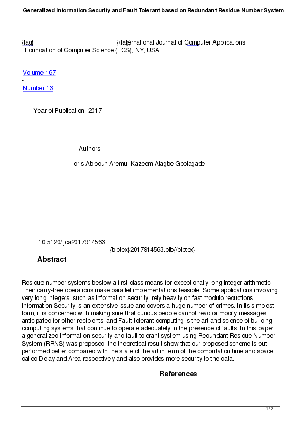 Pdf Generalized Information Security And Fault Tolerant Based On Redundant Residue Number System