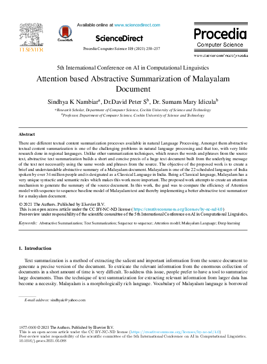 (PDF) Attention based Abstractive Summarization of Malayalam Document