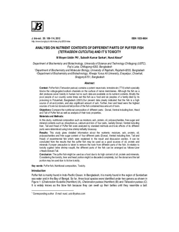 (PDF) Analysis on Nutrient Contents of Different Parts of Puffer Fish ...