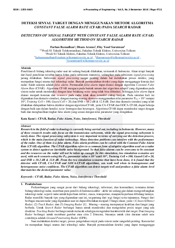 Pdf Deteksi Sinyal Target Dengan Menggunakan Metode Algoritma Constant False Alarm Rate Cfar