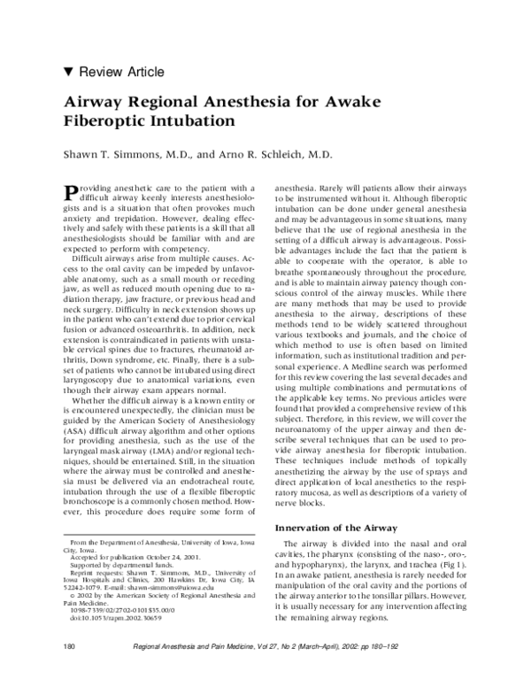 (PDF) Airway Regional Anesthesia for Awake Fiberoptic Intubation | Arno ...