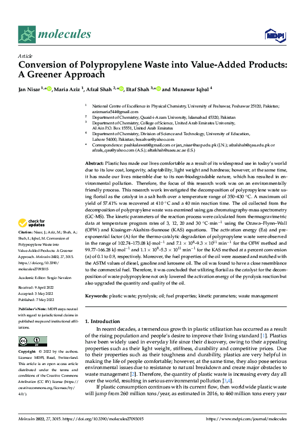(PDF) Conversion of Polypropylene Waste into Value-Added Products: A ...