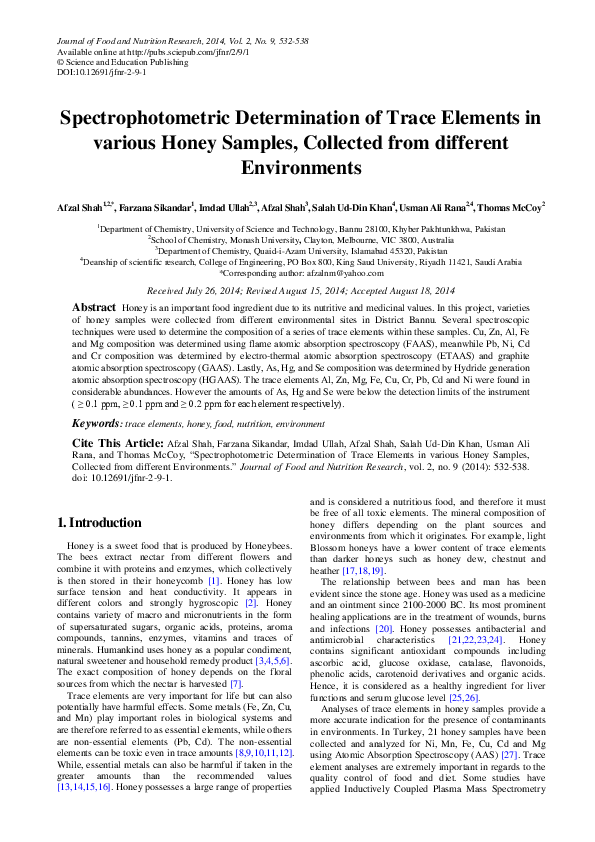 Pdf Spectrophotometric Determination Of Trace Elements In Various Honey Samples Collected