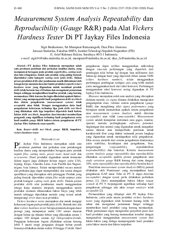 (PDF) Measurement System Analysis Repeatability Dan Reproducibility (Gauge R&R) Pada Alat ...