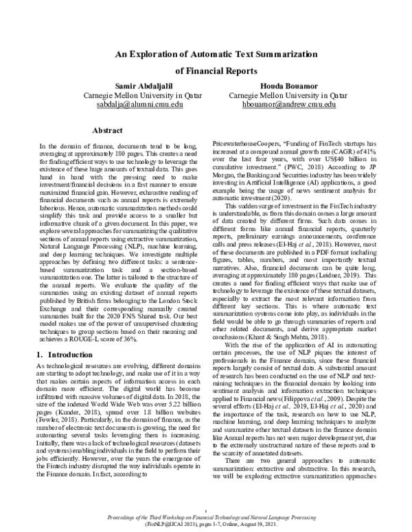 Pdf An Exploration Of Automatic Text Summarization Of Financial Reports