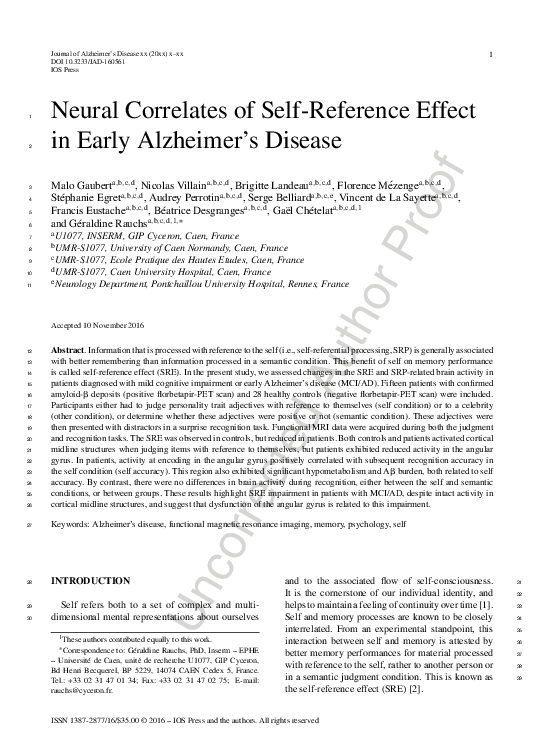 (PDF) Neural Correlates of Self-Reference Effect in Early Alzheimer’s ...