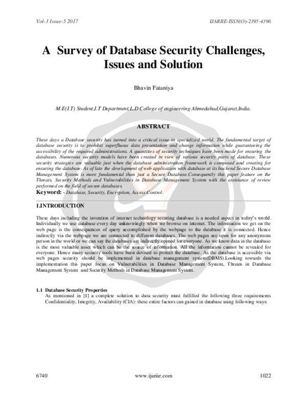 (PDF) A Survey of Database Security Challenges, Issues and Solution