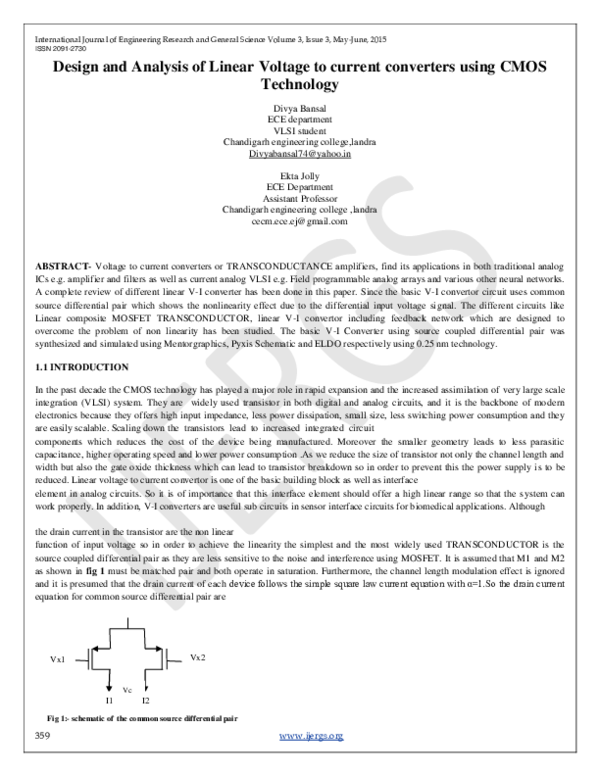 (PDF) Design and Analysis of Linear Voltage to current converters using CMOS Technology