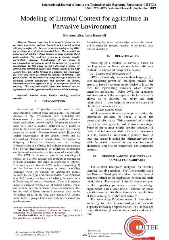 (PDF) Modeling of Internal Context for agriculture in Pervasive Environment