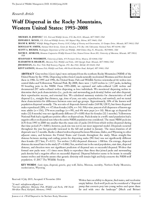 (PDF) Wolf dispersal in the Rocky Mountains, Western United States ...