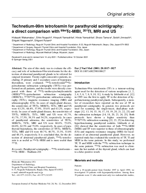 (PDF) Technetium-99m tetrofosmin for parathyroid scintigraphy: a direct ...