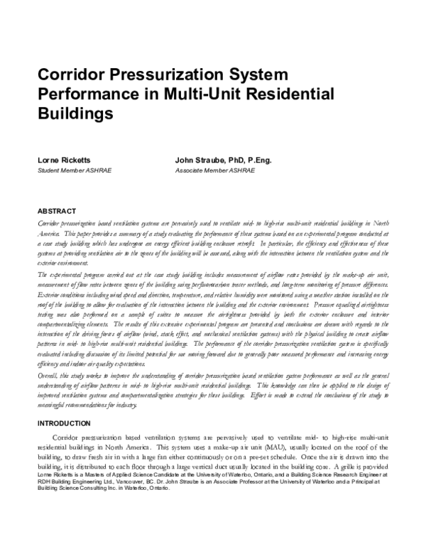 (PDF) Corridor Pressurization System Performance in Multi-Unit Residential Buildings