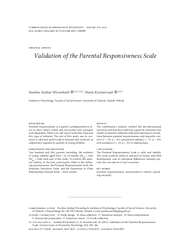 (PDF) Validation of the Parental Responsiveness Scale
