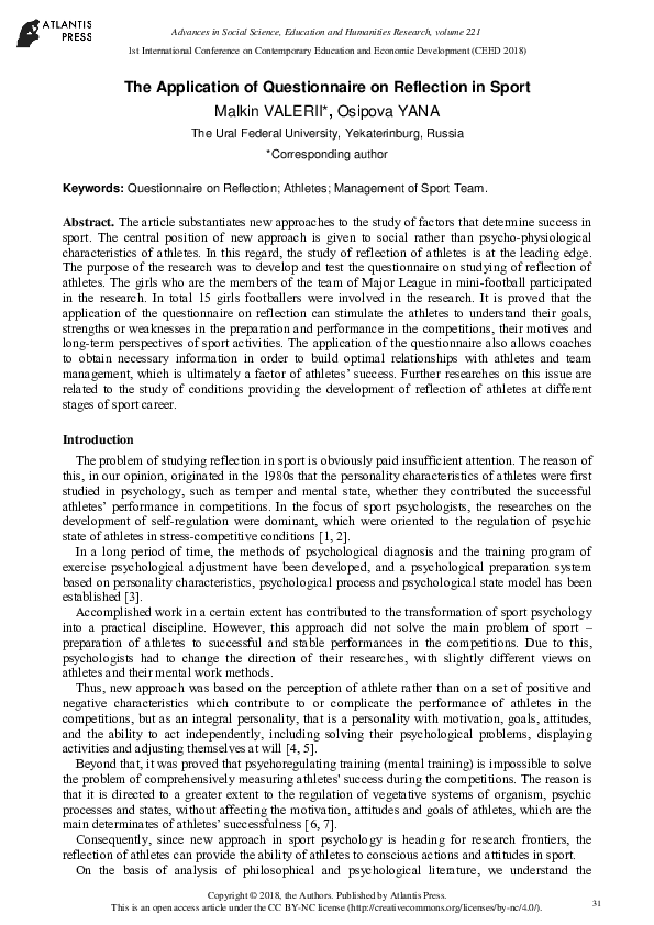(PDF) The Application of Questionnaire on Reflection in Sport