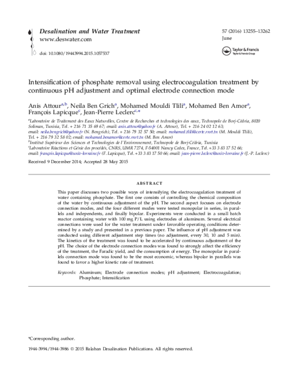 (PDF) Intensification of phosphate removal using electrocoagulation treatment by continuous pH ...