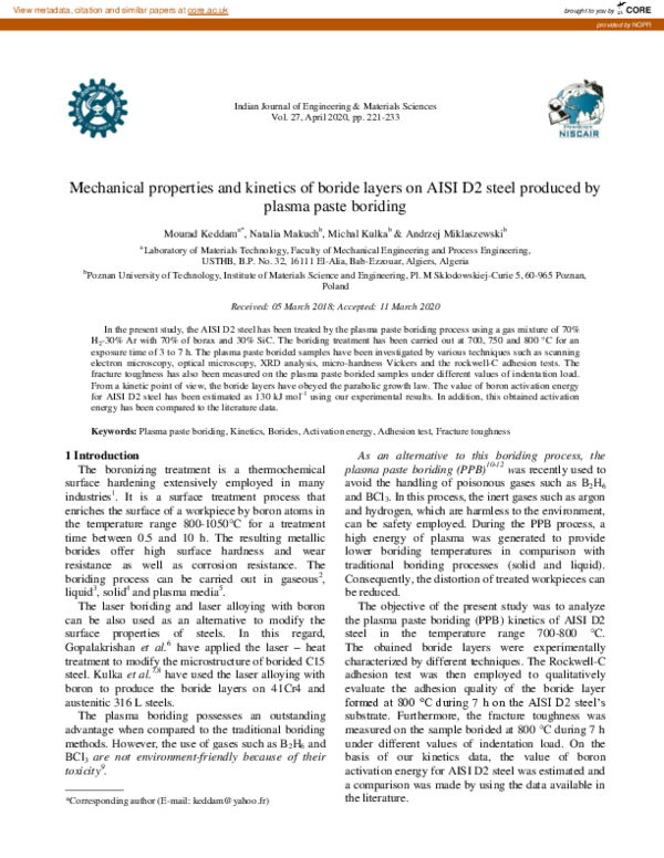 (PDF) Mechanical properties and kinetics of boride layers on AISI D2 ...