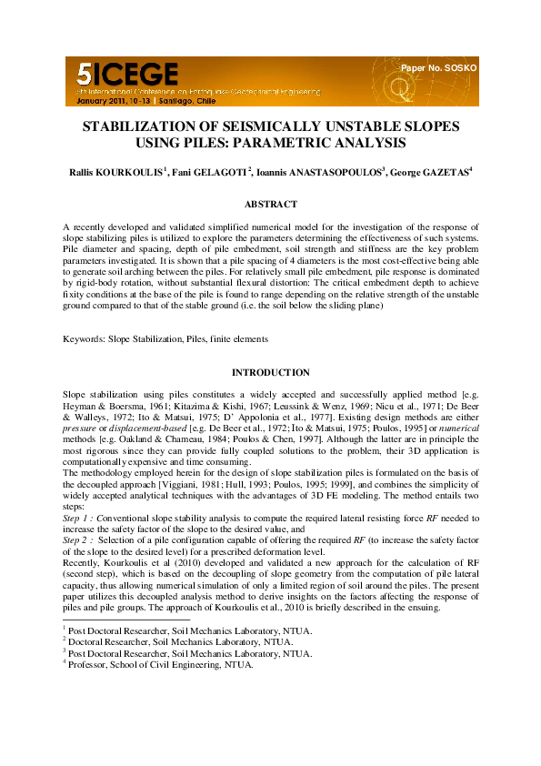 (PDF) Stabilization of Seismically Unstable Slopes Using Piles: Parametric Analysis