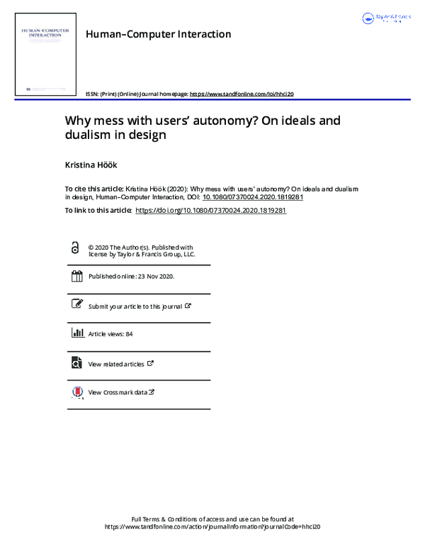 (PDF) Why mess with users’ autonomy? On ideals and dualism in design