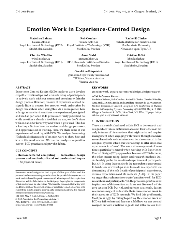 (PDF) Emotion Work in Experience-Centered Design