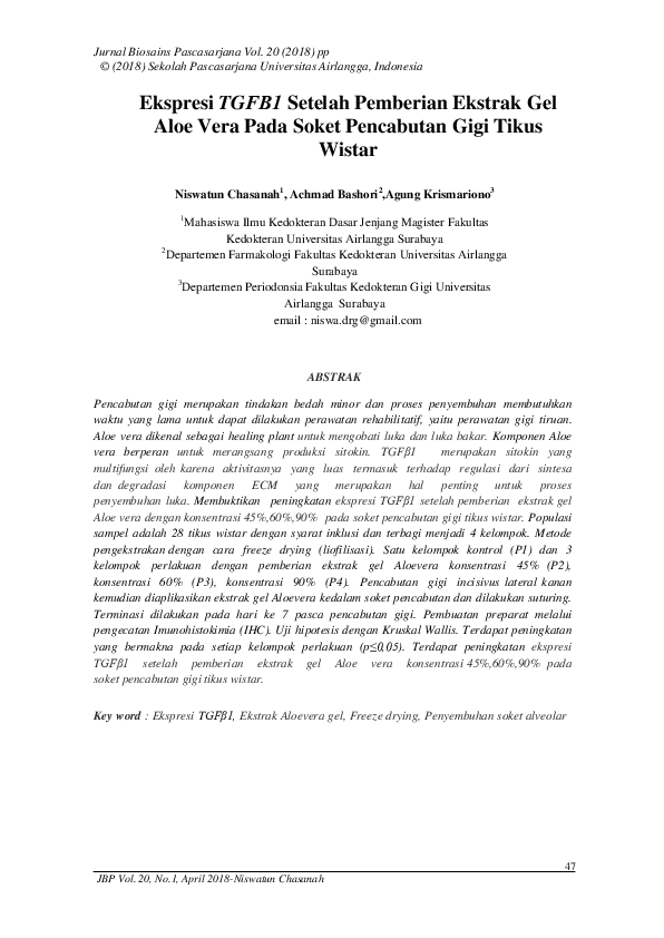 (PDF) Ekspresi TGFΒ1 Setelah Pemberian Ekstrak Gel Aloe Vera Pada Soket ...